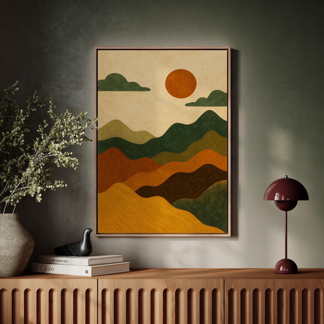 Boho Earth Tone Mountain Landscape Canvas | Retro Abstract Sunset Wall ...