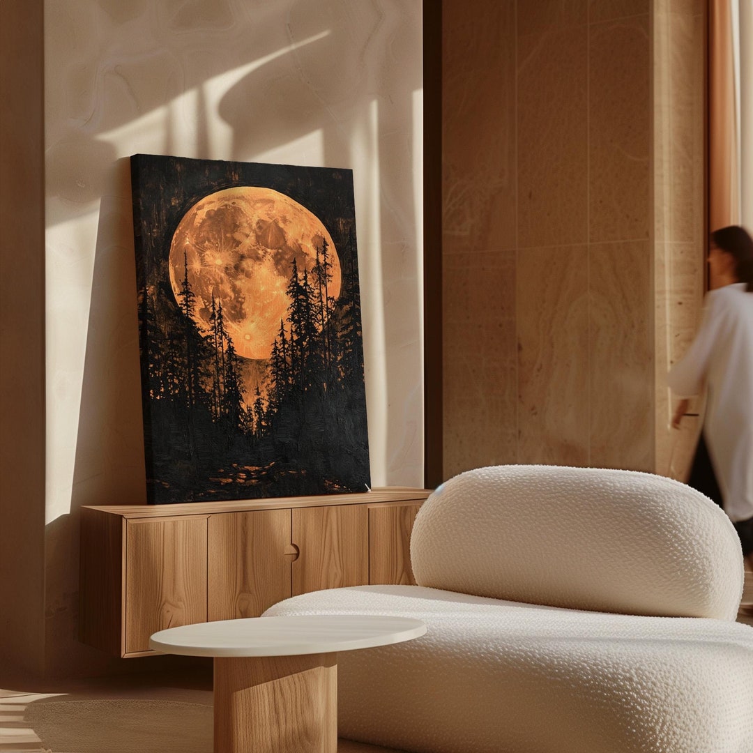 Giant Orange Moon Over Forest Canvas Art - Mystical Night Scene With ...
