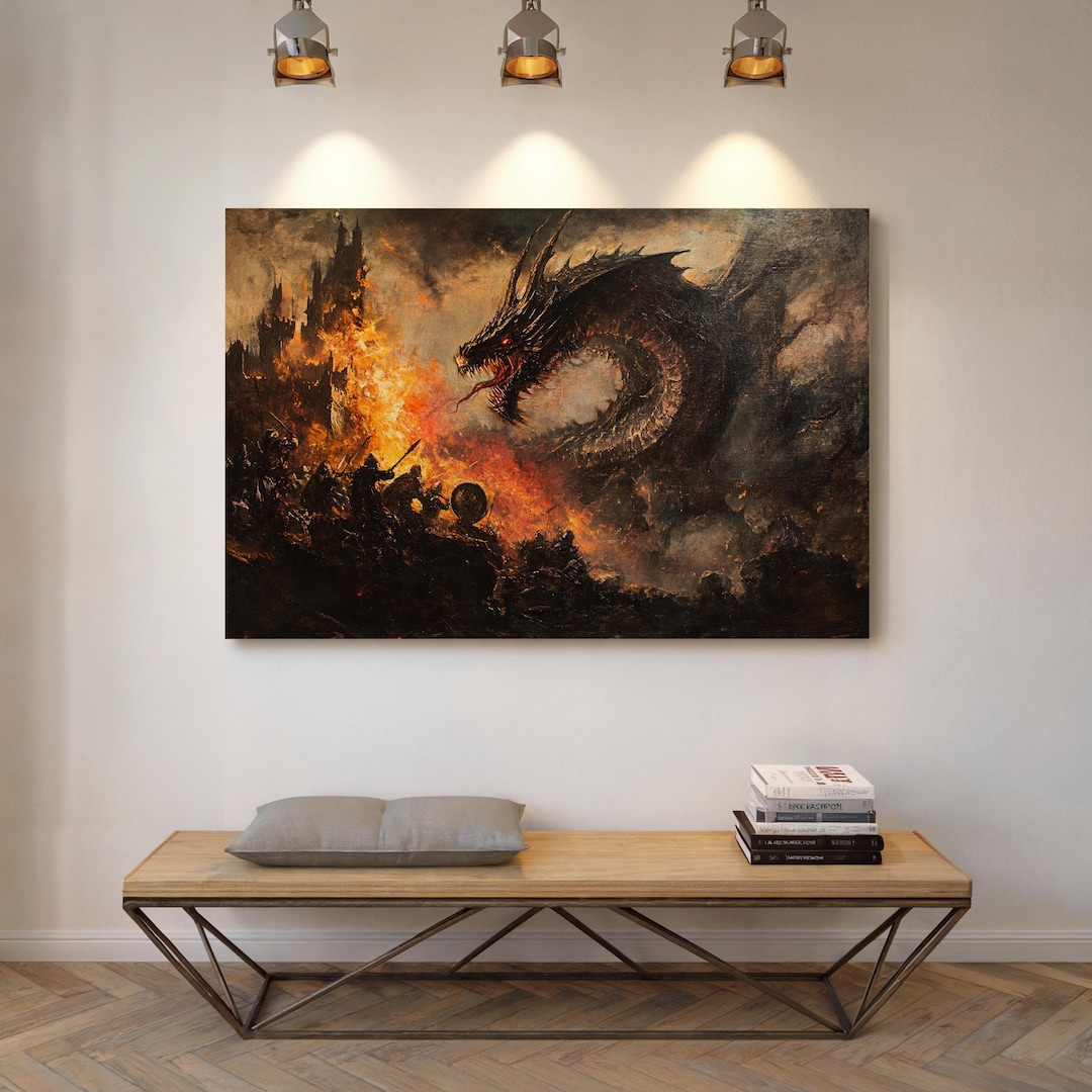 Dark Fantasy Dragon Battle Canvas - Medieval Castle Siege, Fire ...