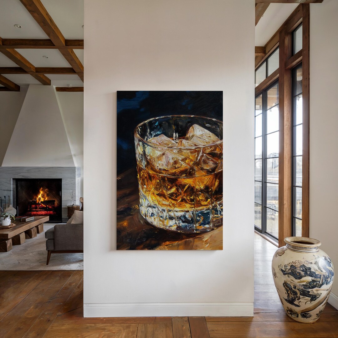 Whiskey Glass Art Print - Vibrant Oil Painting Style, Rustic Bar Decor ...