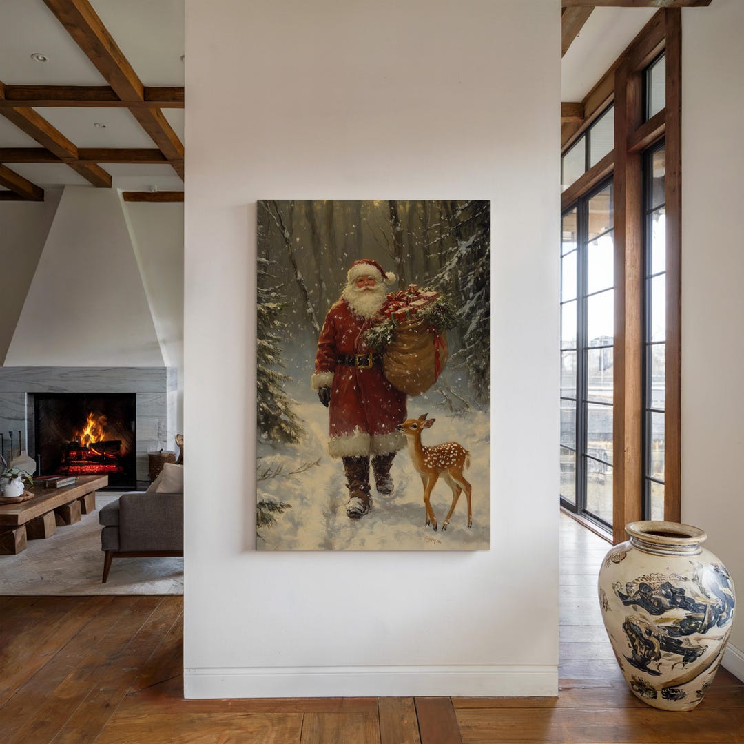 Santa Claus Christmas Canvas, Vintage Holiday Wall Art, Snowy Winter ...