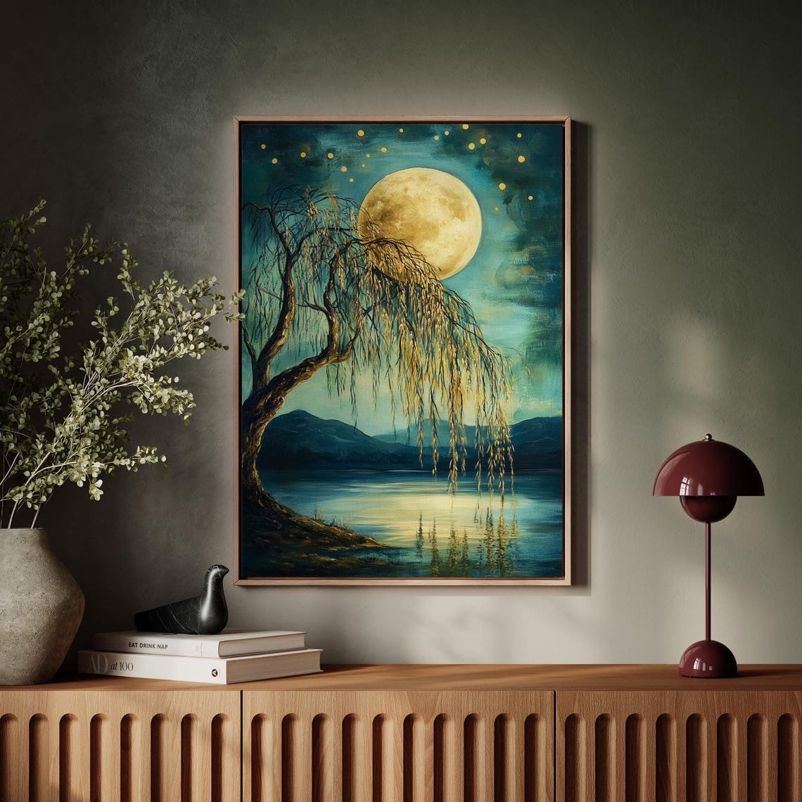 Enchanting Moonlit Willow Tree – Serene Nature Canvas Art With Glowing ...