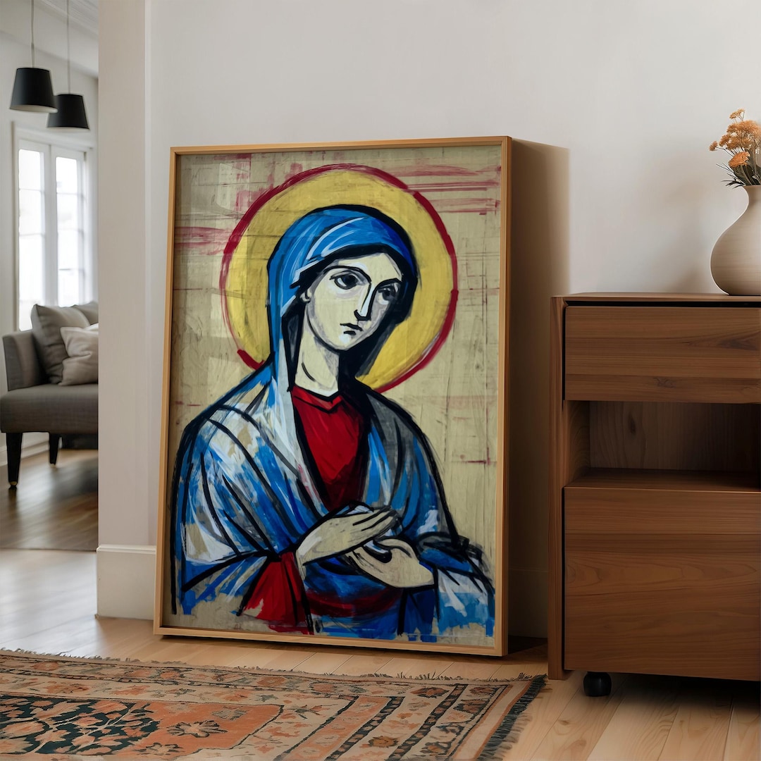 Modern Icon of the Virgin Mary | Bold Religious Art With Halo and Blue ...
