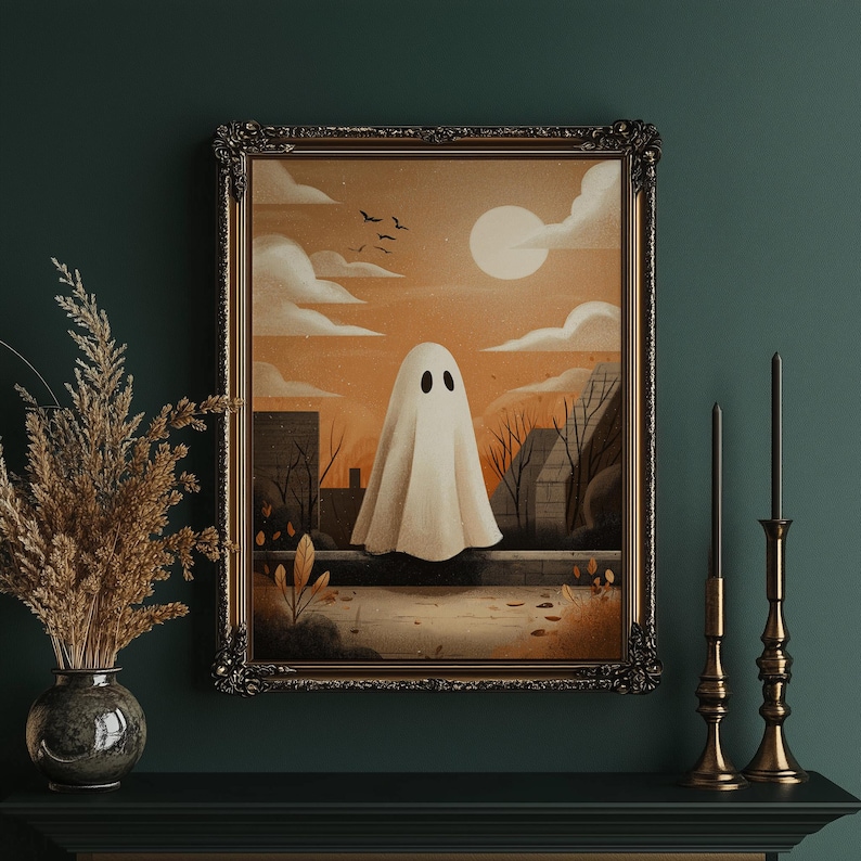 Cute Ghost Under Autumn Moon in Vintage Halloween Style - Etsy UK