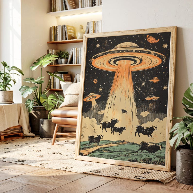 Cow Abduction UFO Wall Art – Retro Alien Poster With Space Cows and ...