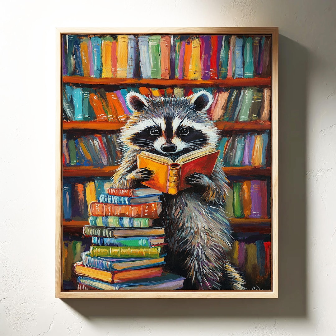 Whimsical Reading Raccoon Canvas | Library Book Lover Wall Art ...