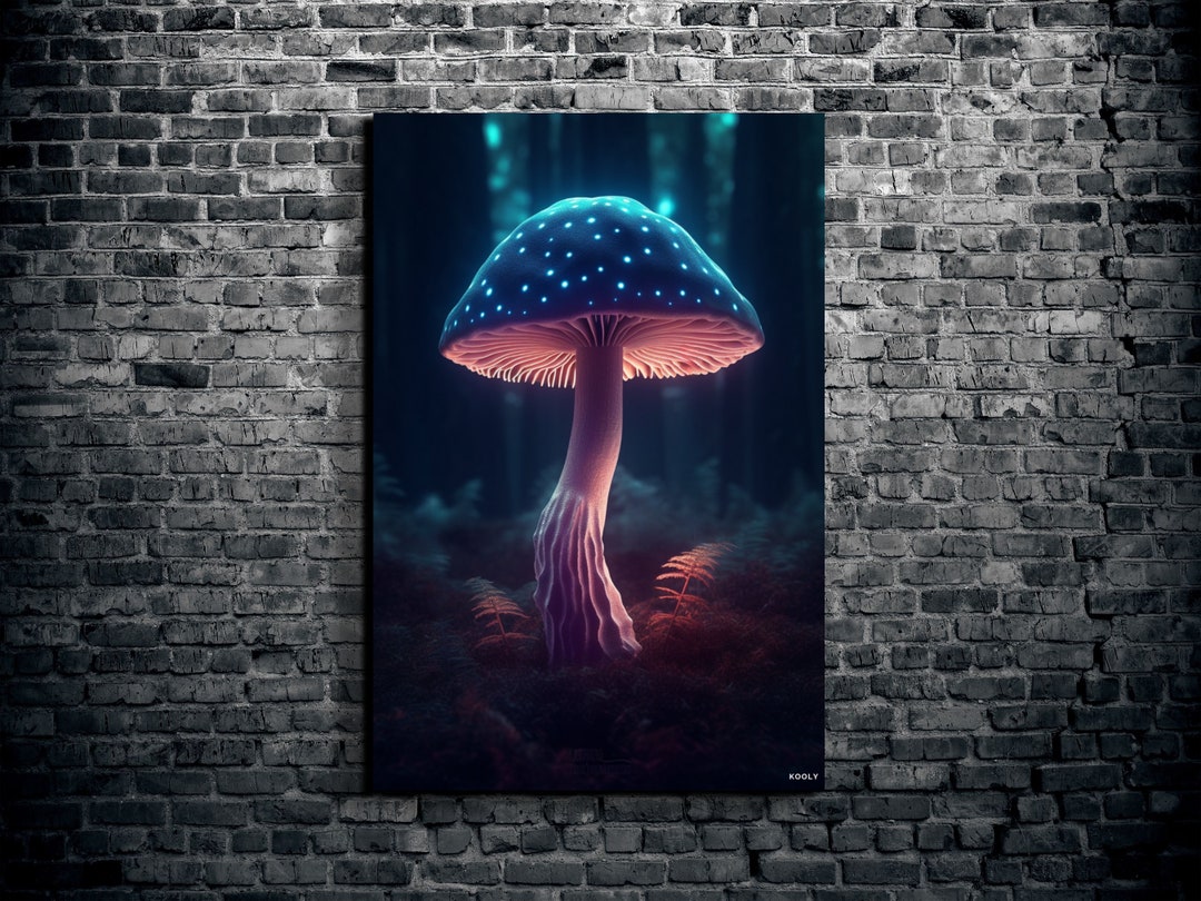 Bioluminescent Mushroom Canvas Wall Art, Trippy Mushroom Art, Nature ...