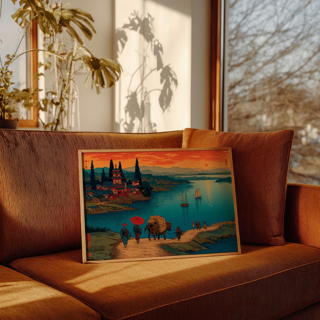 Japanese Riverside Village Sunset Canvas, Traditional Ukiyo-e Inspired ...