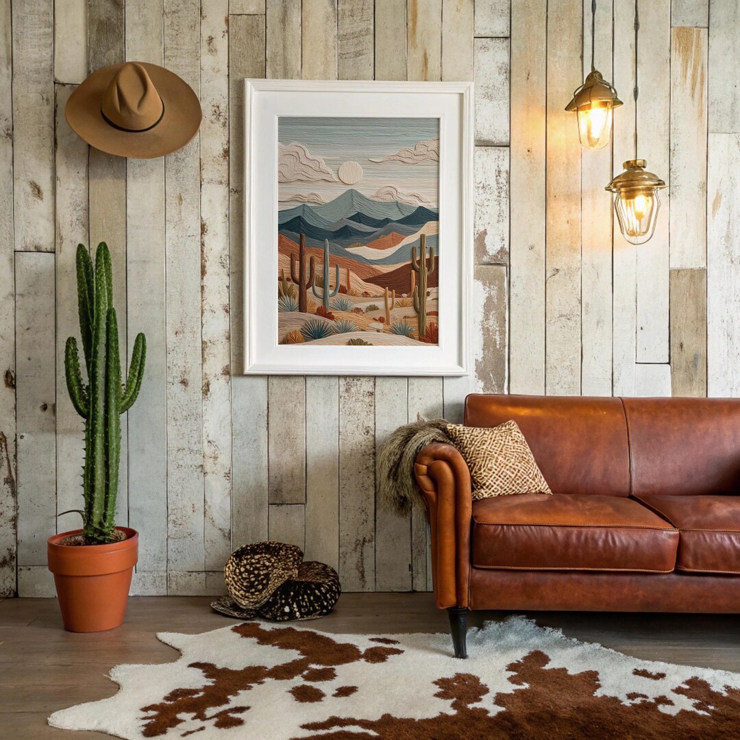 Layered Desert Landscape With Cacti | Textured Southwestern Art in ...