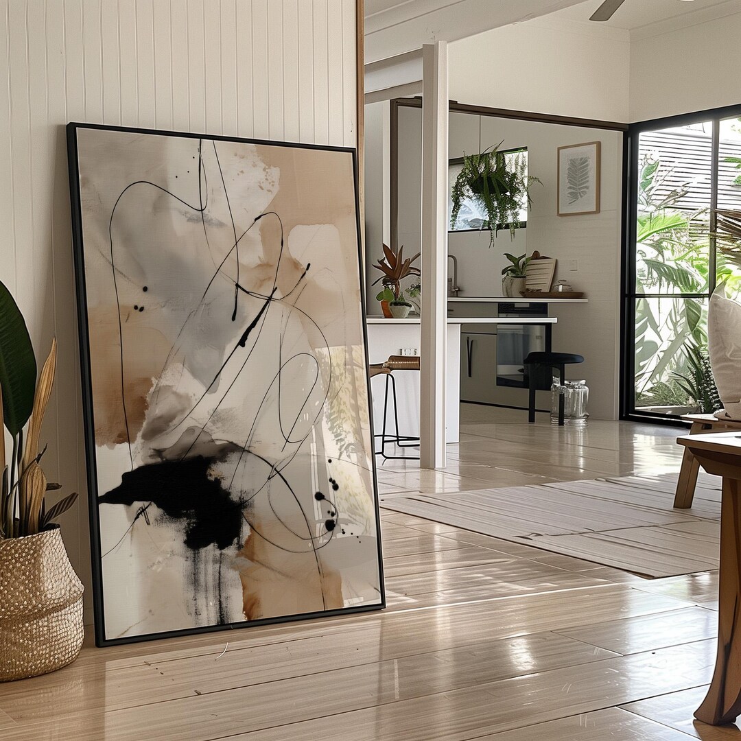 Neutral Abstract Line Art Canvas, Modern Beige and Black Painting ...