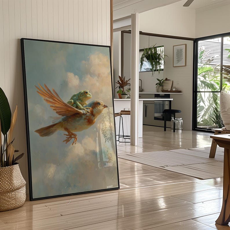 Frog Riding Bird Canvas Wall Art | Whimsical Vintage Oil Painting Style ...