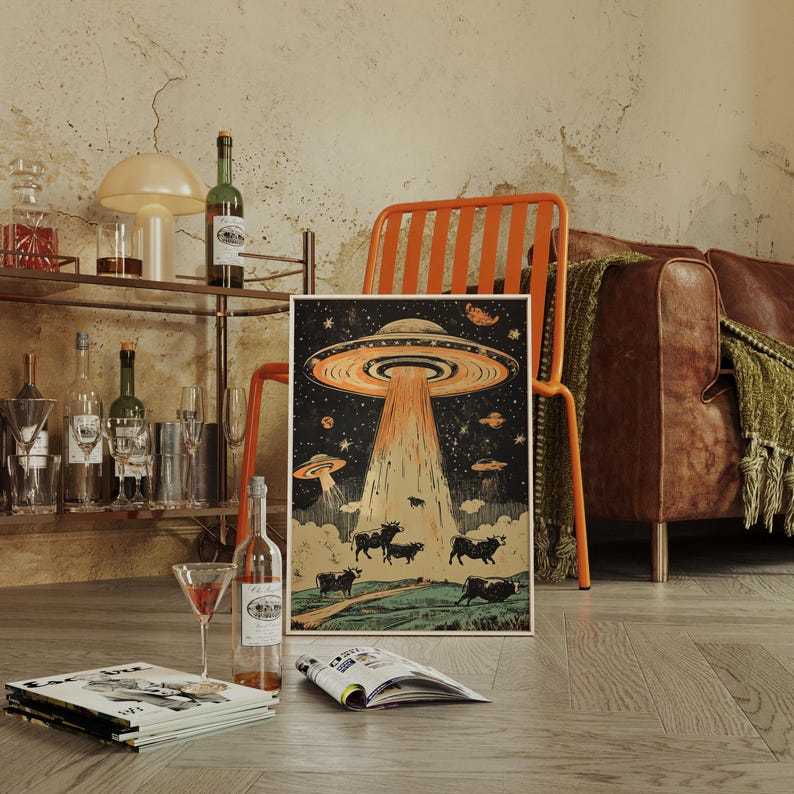 Cow Abduction UFO Wall Art – Retro Alien Poster With Space Cows and ...
