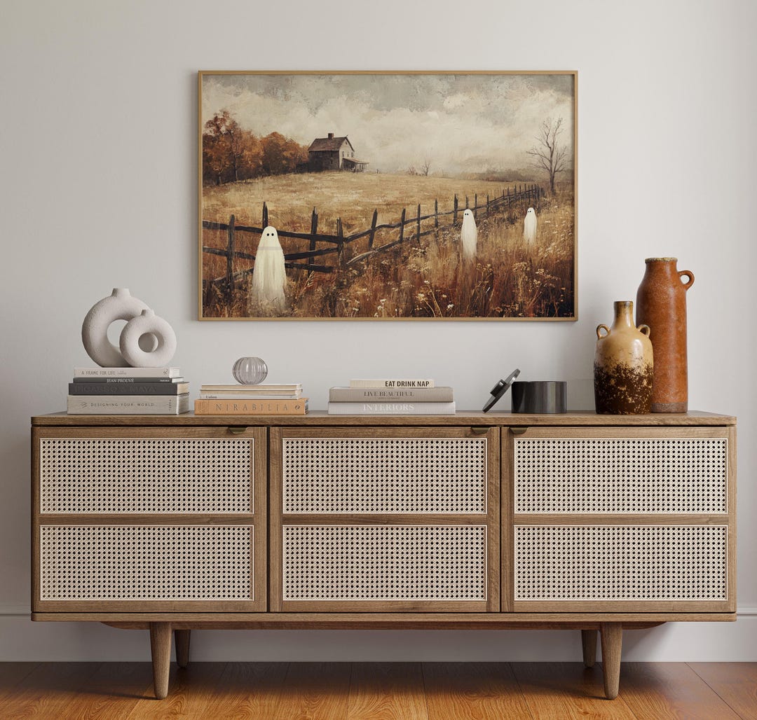 Rustic Haunted Farmhouse With Whimsical Ghosts – Spooky Autumn Field ...