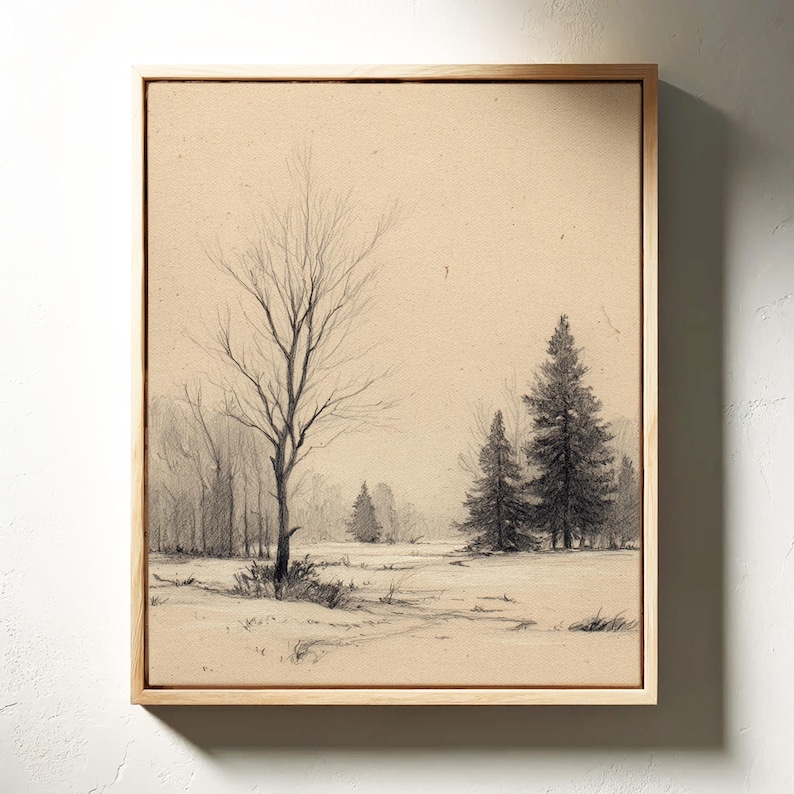 Winter Forest Pencil Drawing With Bare Trees - Etsy