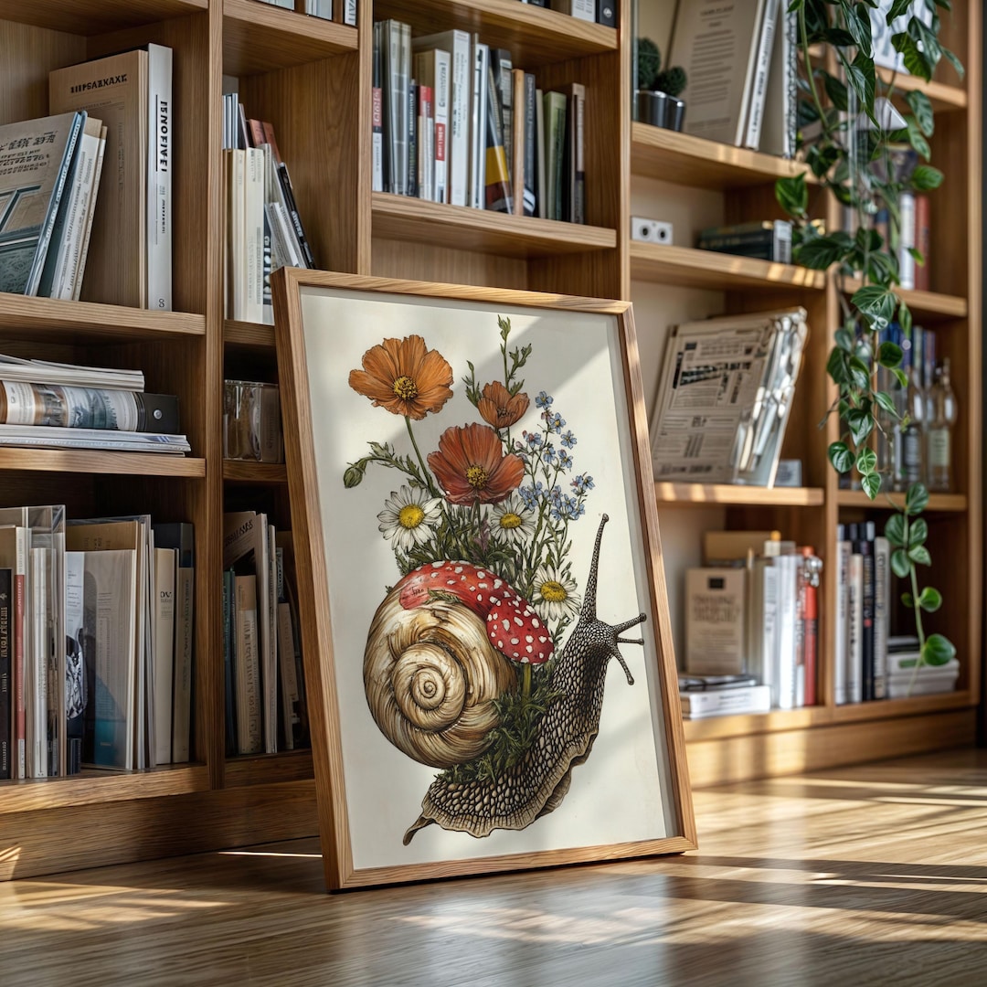 Snail With Wildflowers and Toadstool Canvas Art, Vintage Nature ...