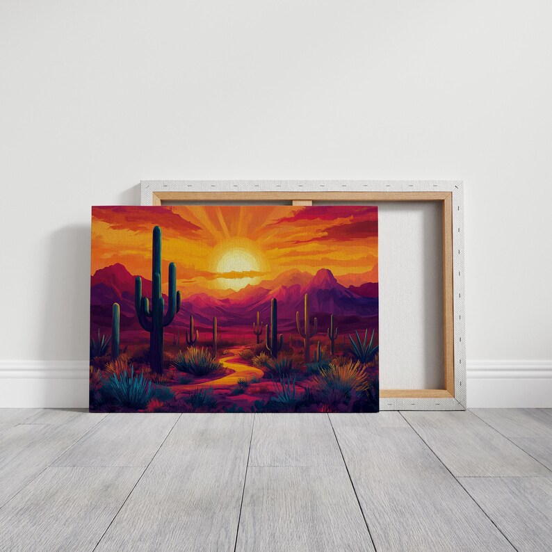 Southwestern Desert Sunset Canvas | Colorful Cactus Landscape Art Print ...
