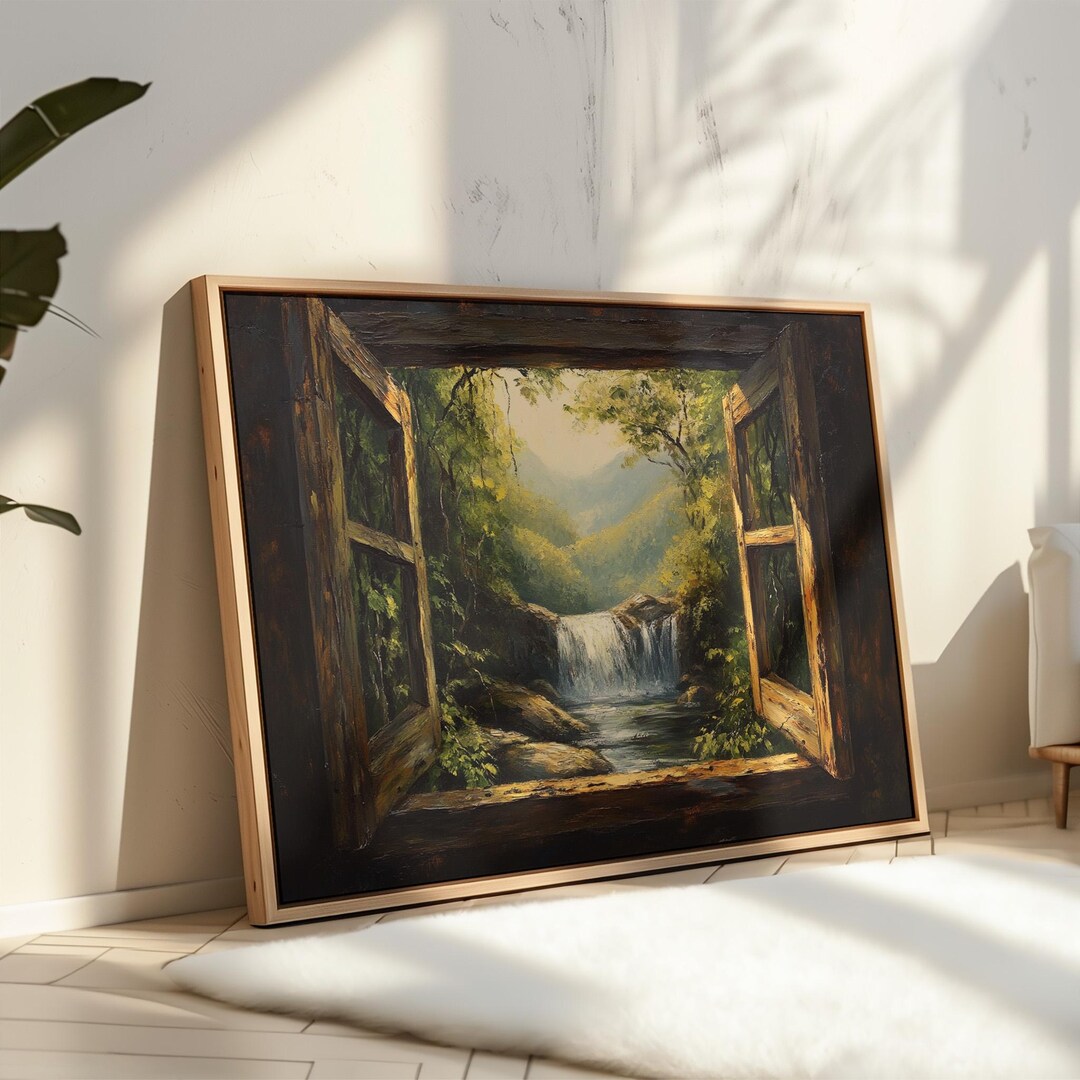 Waterfall Window View Canvas, Rustic Nature Landscape Wall Art ...