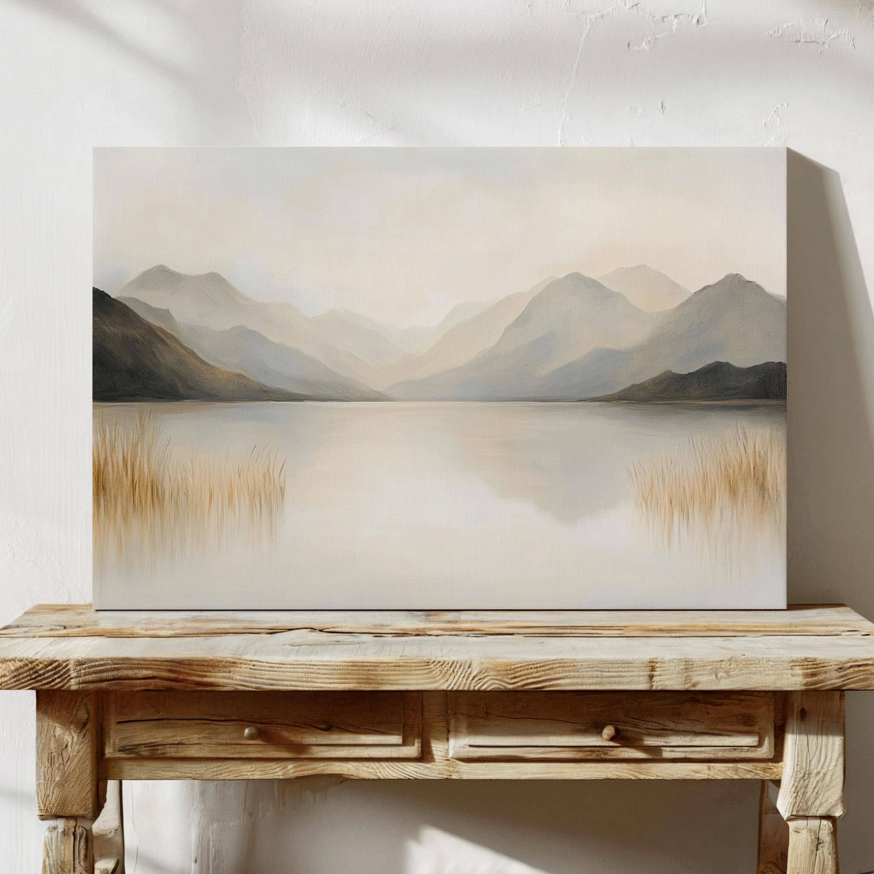 Minimalist Lake Reflection Canvas, Neutral Mountain Wall Art, Serene ...
