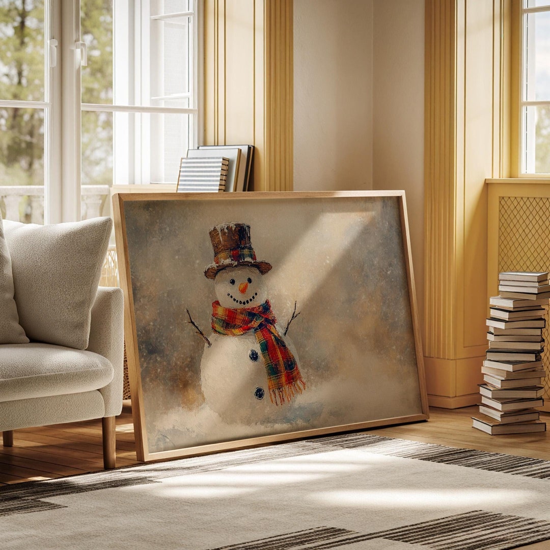 Adorable Snowman Canvas Wall Art - Rustic Winter Scene With Plaid Scarf ...