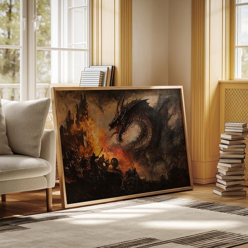 Dark Fantasy Dragon Battle Canvas - Medieval Castle Siege, Fire ...