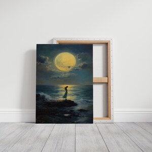 Woman Under Moonlight Canvas Art: Enchanting Night Ocean Scene With ...