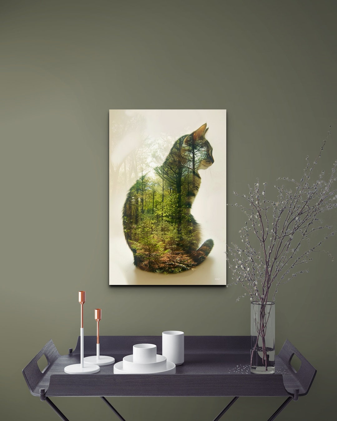 Double Exposure Cat Canvas Wall Art, Cat and Forest Trees Wall Decor ...