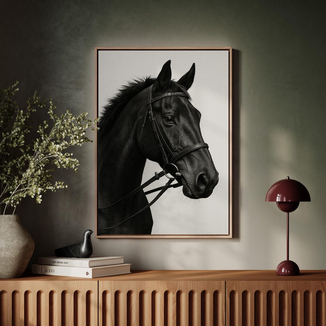 Elegant Black Horse Portrait in Bridle – Equestrian Minimalist Canvas ...