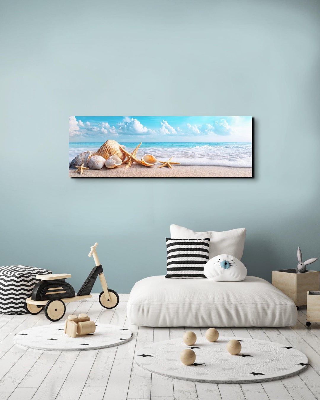 Sea Shells on White Sand Beach Ready to Hang Panoramic Canvas Wall Art ...