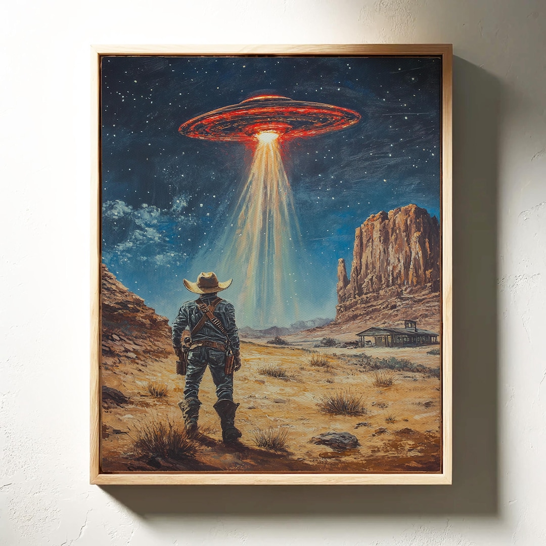 Alien Encounter in the Wild West - Vintage Cowboy UFO Canvas Art - Sci ...
