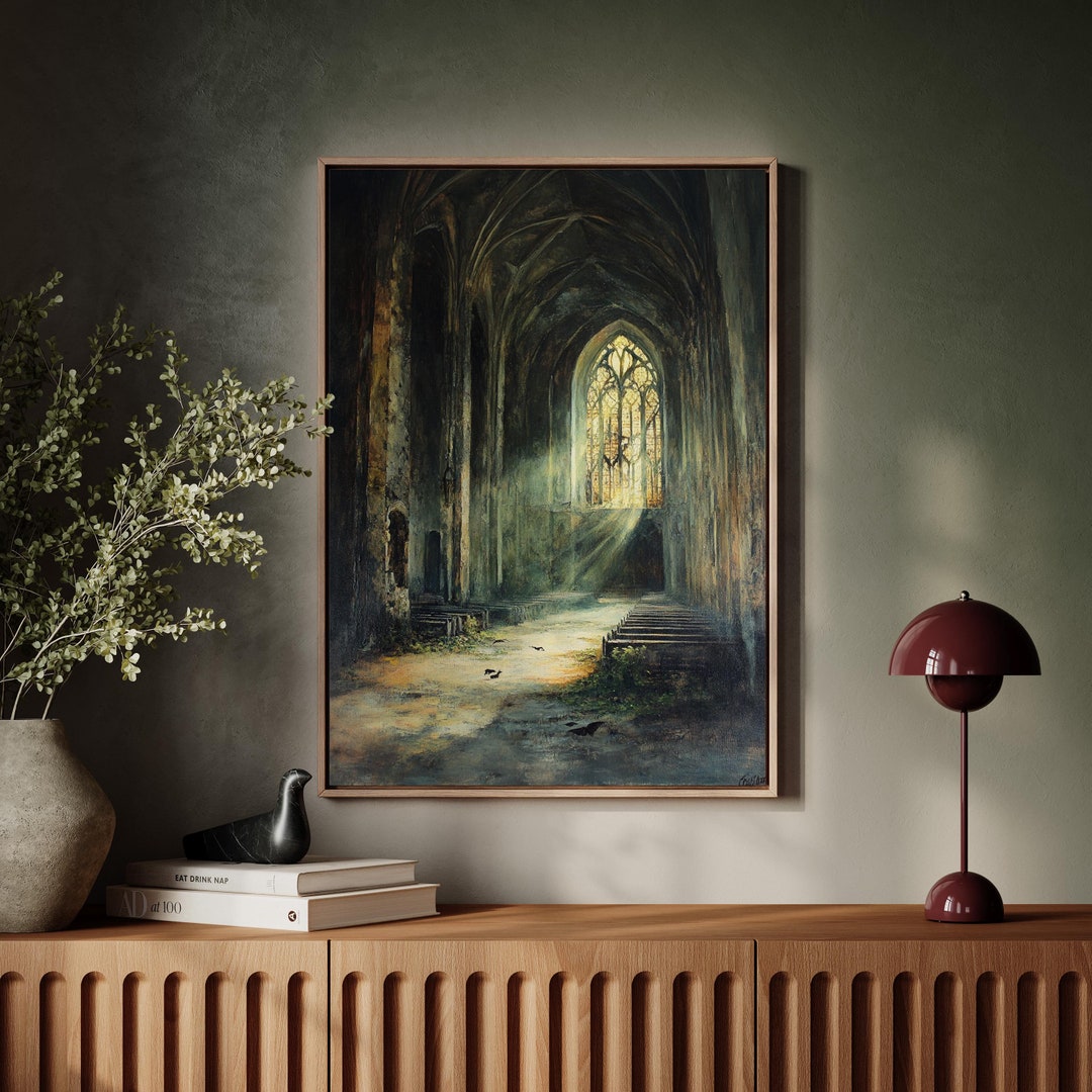 Rustic Gothic Cathedral Canvas Wall Art - Atmospheric Sunlit Ruins With ...