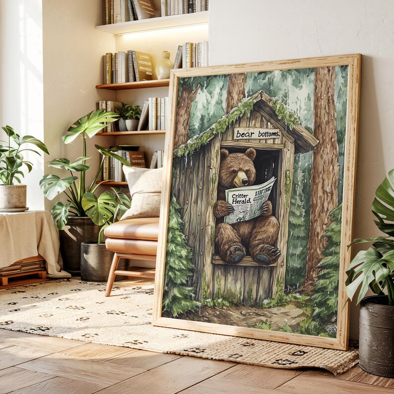 Funny Bear Bathroom Wall Art – Rustic Outhouse Reading Bear Poster ...