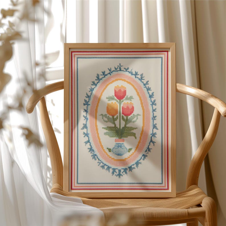 Cross-stitch Tulips in Oval Frame - Etsy