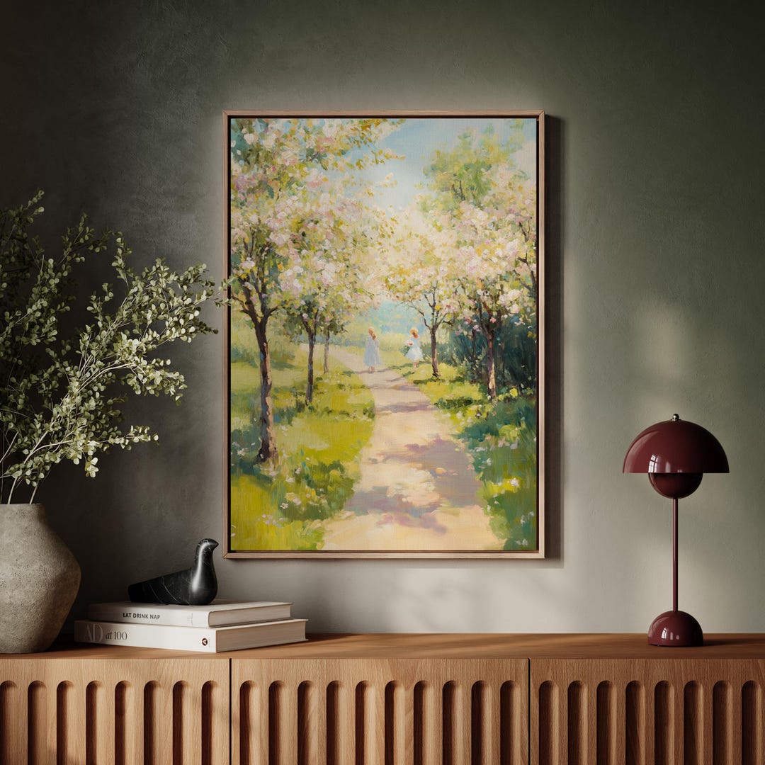 Romantic Impressionist Spring Scene - Floral Pathway With Girls, Soft ...