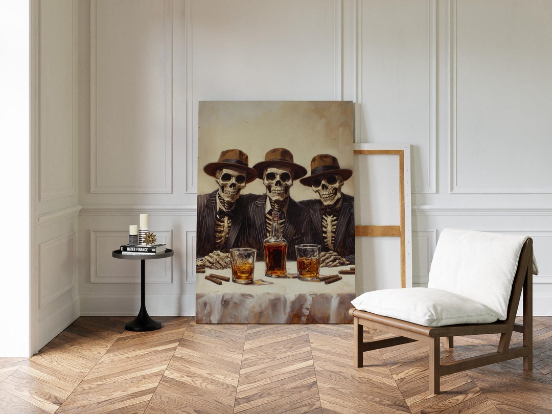 Vintage Skeleton Gang Drinking Whiskey - Quirky Skull Art, Mafia ...