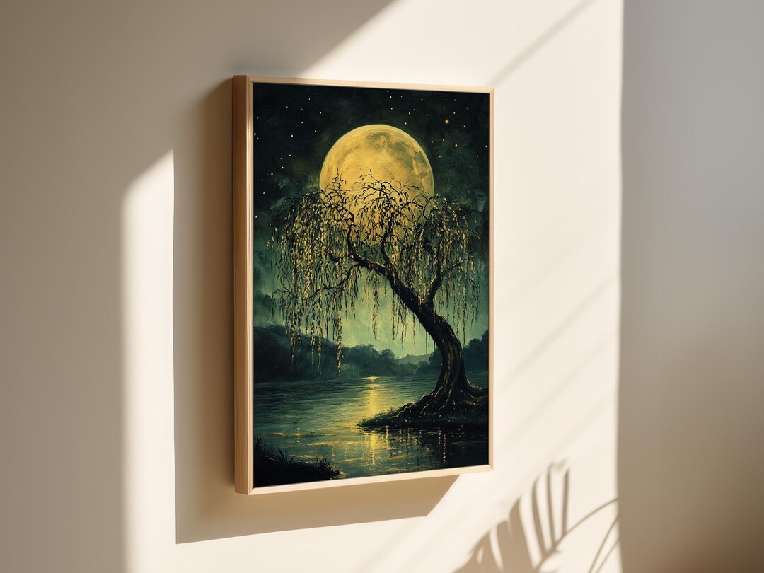 Moonlit Willow Canvas – Serene Nightscape With Weeping Tree and Full ...