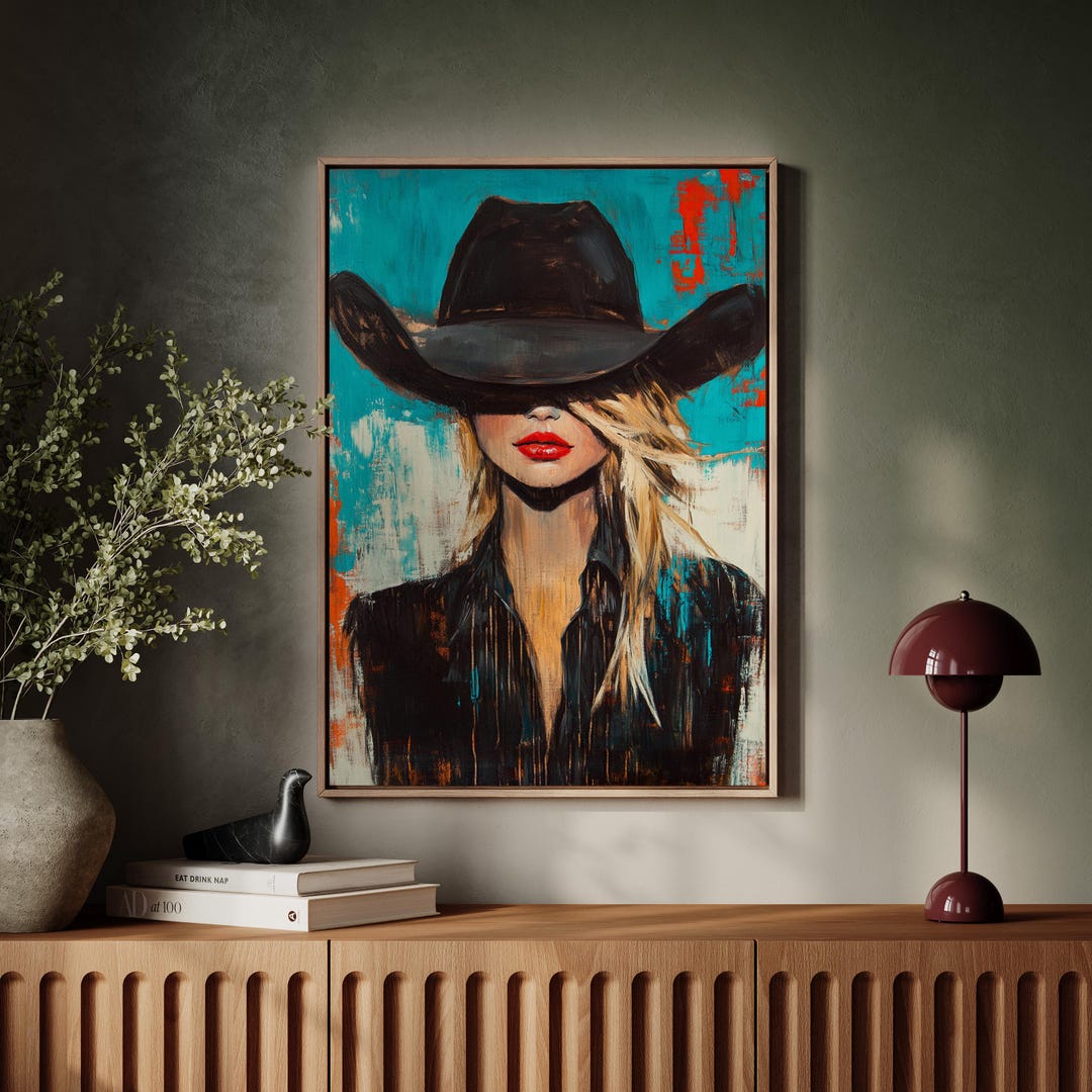 Modern Western Cowgirl Wall Art - Bold Abstract Cowboy Hat Portrait ...