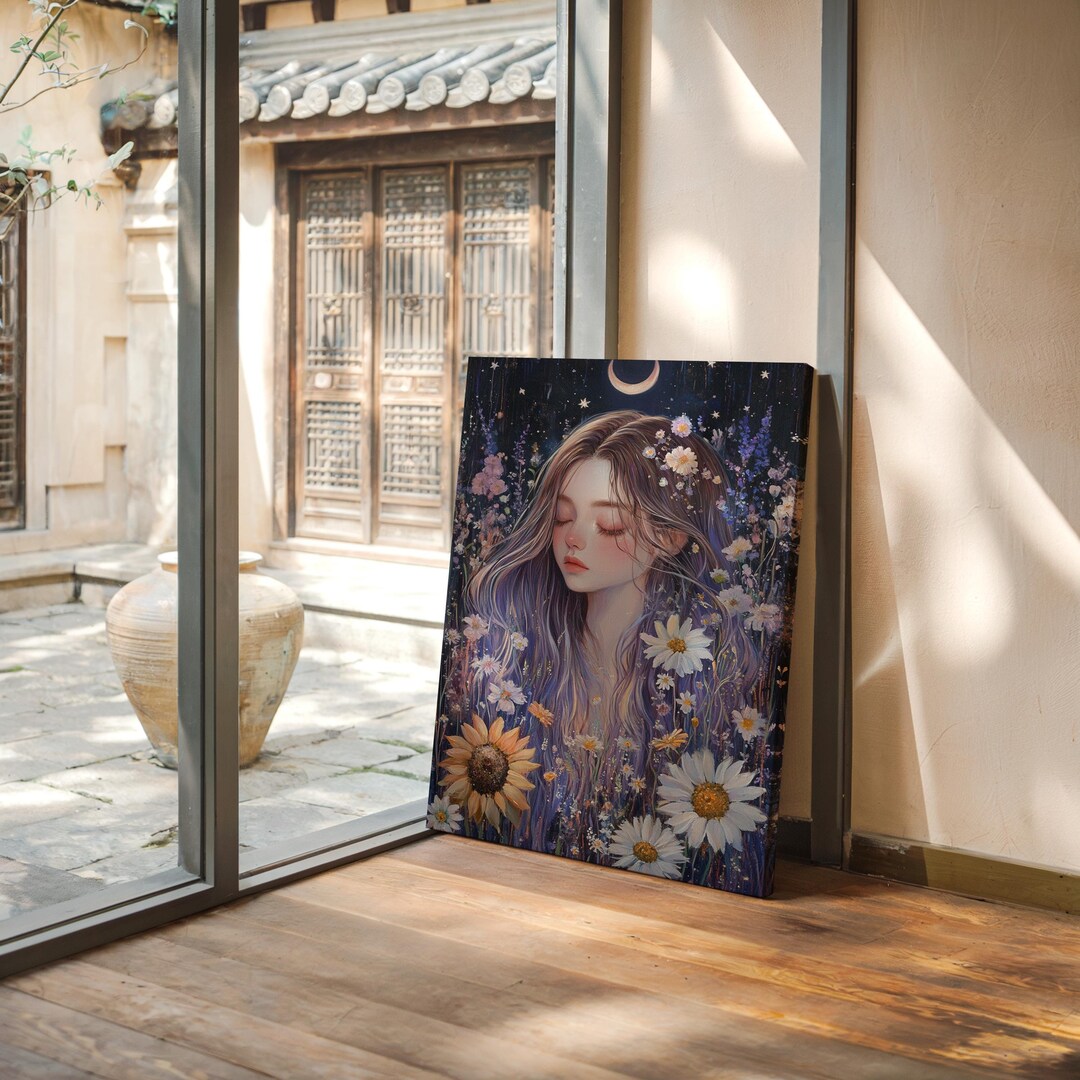 Dreamy Floral Portrait Canvas - Woman With Flowers in Hair Under ...