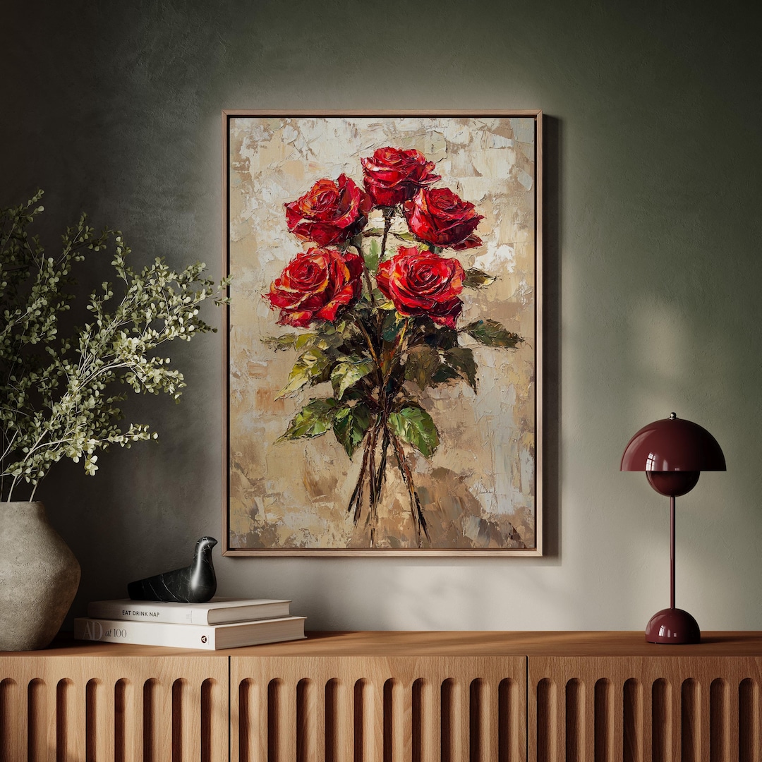 Luxurious Red Rose Canvas Wall Art - Romantic Floral Painting for ...