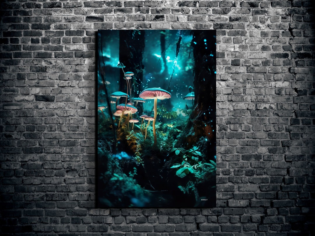 Bioluminescent Mushroom Canvas Wall Art, Trippy Mushroom Art, Nature ...
