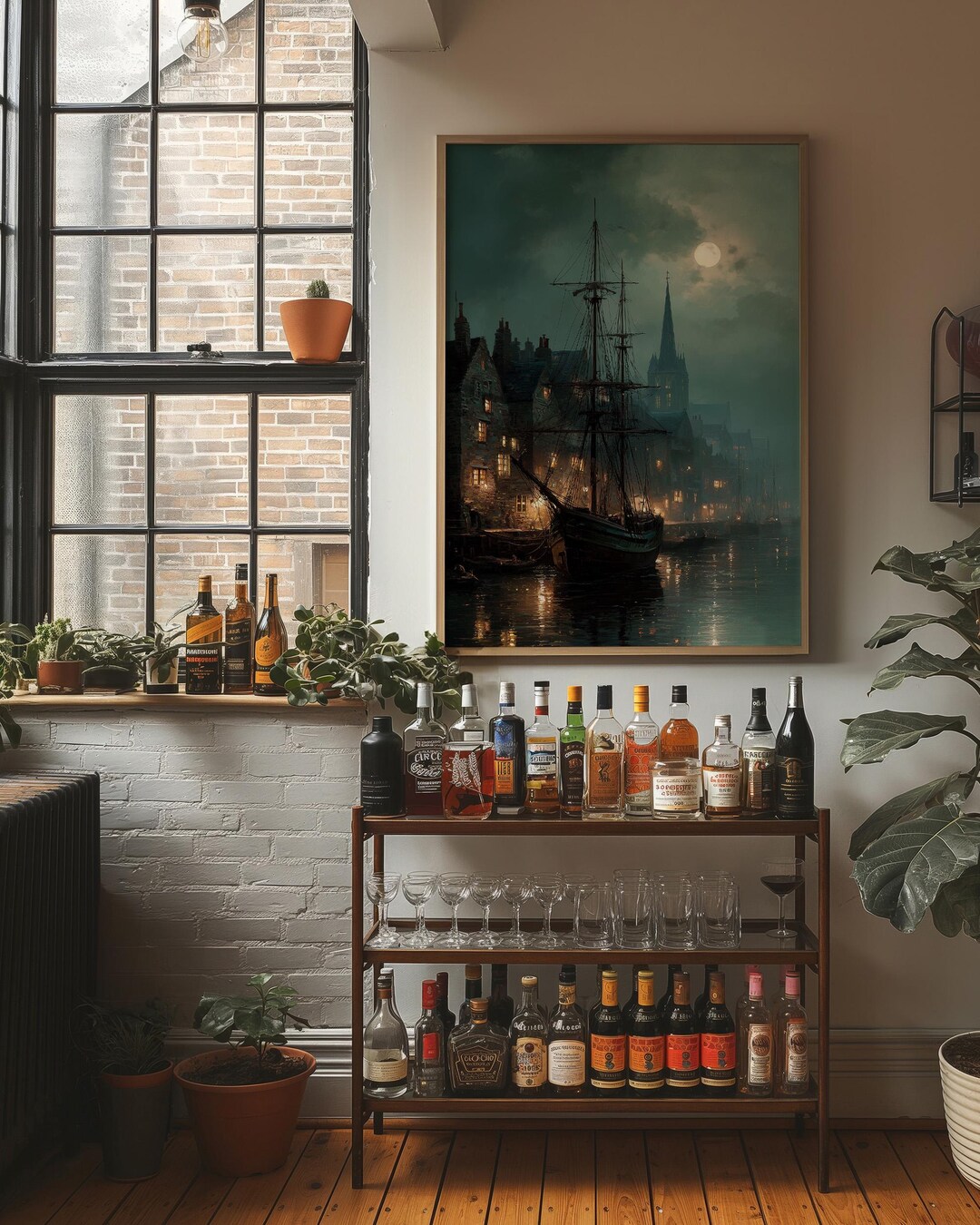 Moonlit Harbor Ship Painting, Nautical Night Canvas Art, Vintage ...