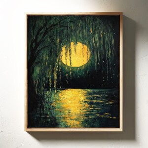Mystical Moonlit Willow With Glowing Reflection: Tranquil Forest Night ...