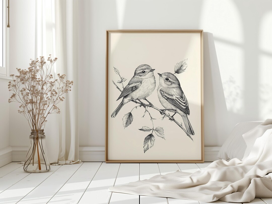 Vintage Bird Line Art Drawing – Botanical Ink Illustration of Two Birds ...