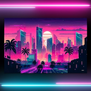 Downtown Miami Synthwave Lofi Vaporwave Canvas Wall Art Print ...