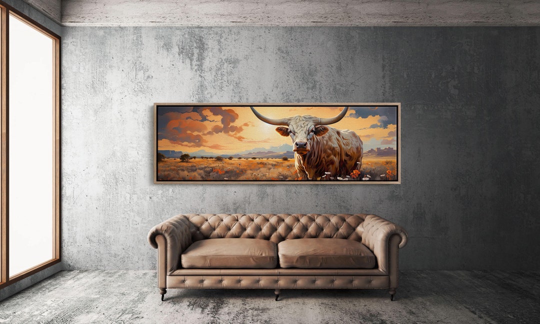 Longhorn Steer Panoramic Canvas Wall Art, Southwestern Wall Art, Cow ...