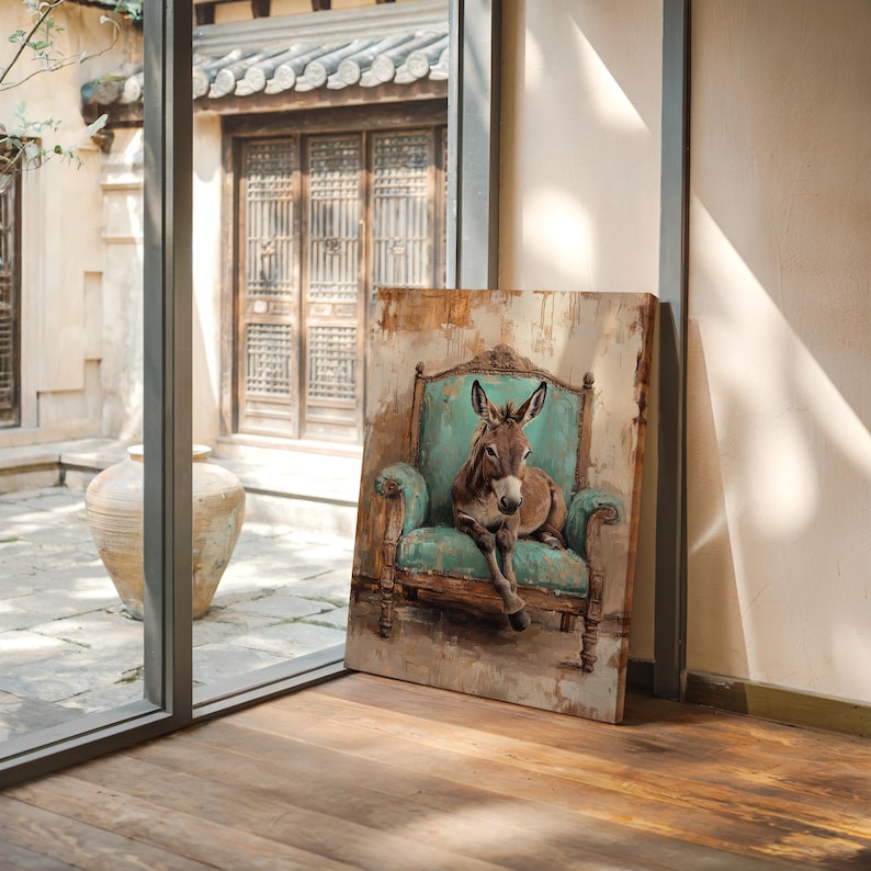 Funny Donkey Wall Art on Teal Chair, Rustic Farm Animal Canvas Print ...