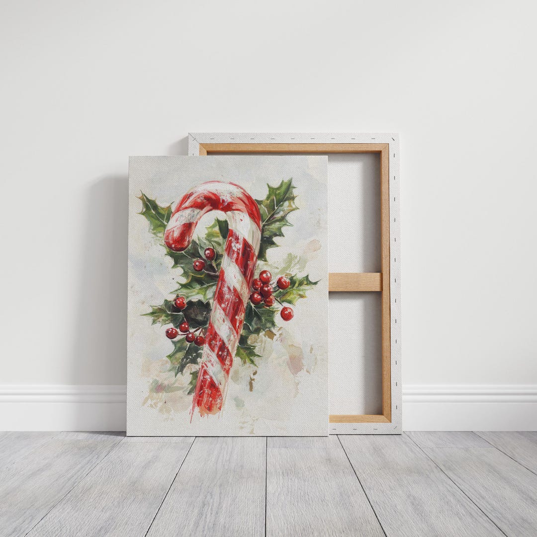 Candy Cane With Holly Berries Canvas Art – Framed Christmas Decor ...