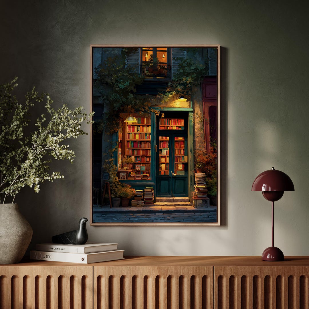 Cozy Bookstore Canvas Wall Art, Warm Literary Night Scene With Stacked ...