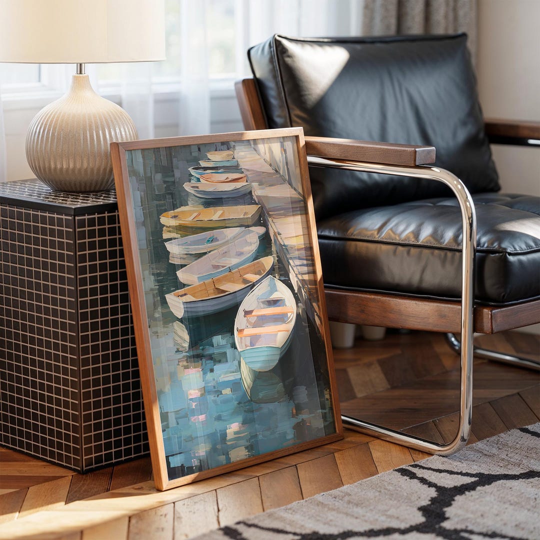Rowboat Dock Scene Coastal Canvas Art, Colorful Boats on Water for ...