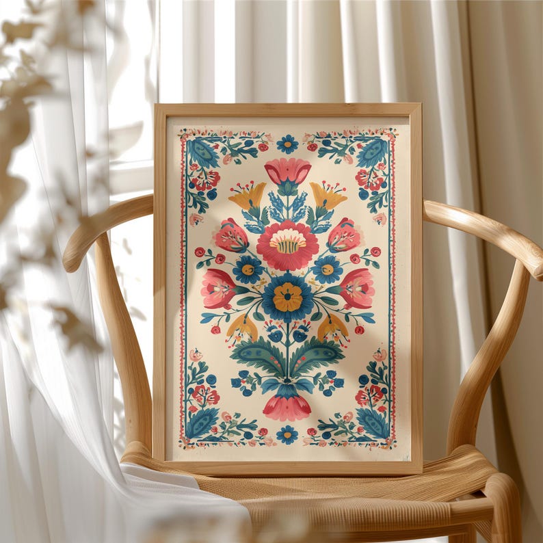 Vibrant Folk Art Floral Pattern With Symmetric Bloom Motifs - Etsy UK