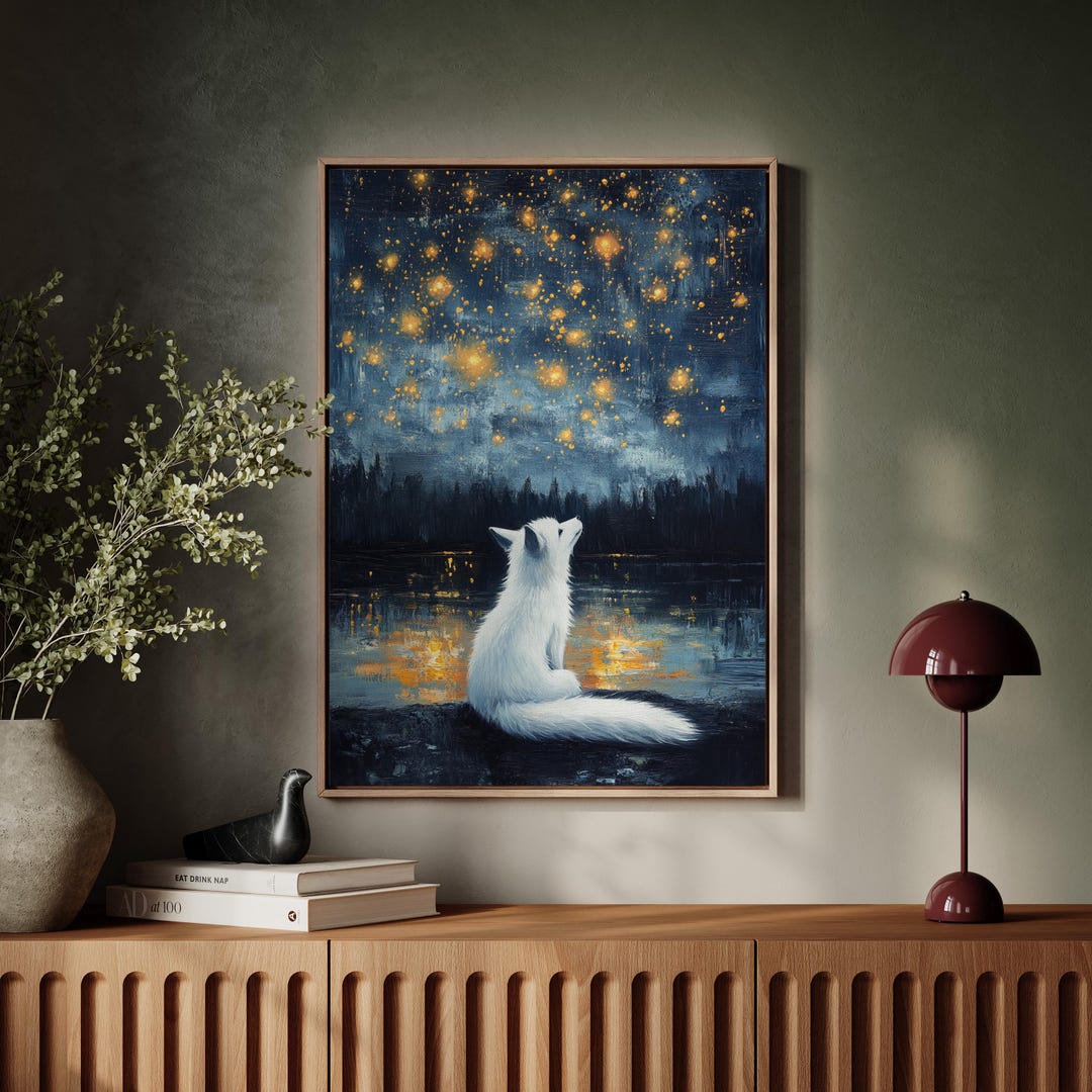Mystical White Fox Under Golden Stars – Celestial Night Sky Reflection Wall Art, Dreamy Animal ...